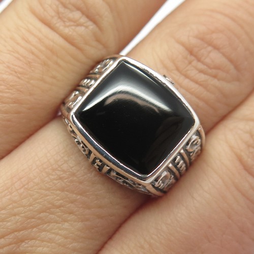 925 Sterling Silver Vintage FAS Real Black Onyx Gem Square Signet Ring ...