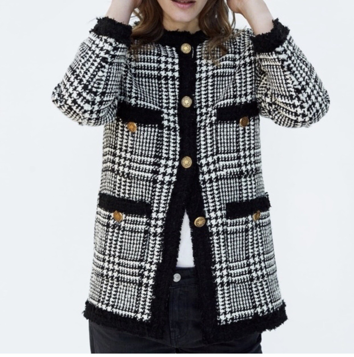 Zara Woman Boucle Jacket Blazer Black White Wool Mix … - Gem