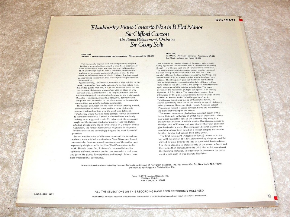 Curzon/Solti/Vienna "Tchaikovsky: Concerto #1" 1979 LP, Nice EX, London ...