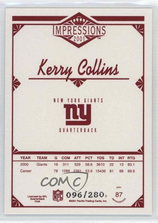 2001 Pacific Impressions Red Back 96/280 Kerry Collins #87 0q1p | eBay