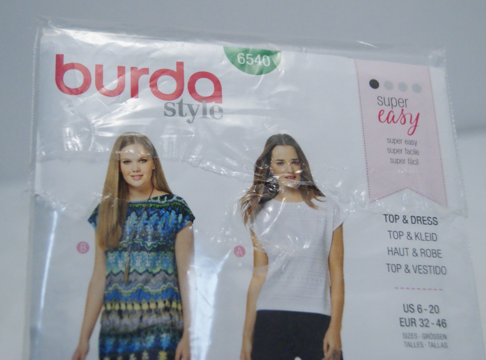 Burda Sewing Pattern Top & Dress Size US 6-20 Super Easy 6540 NEW Torn ...