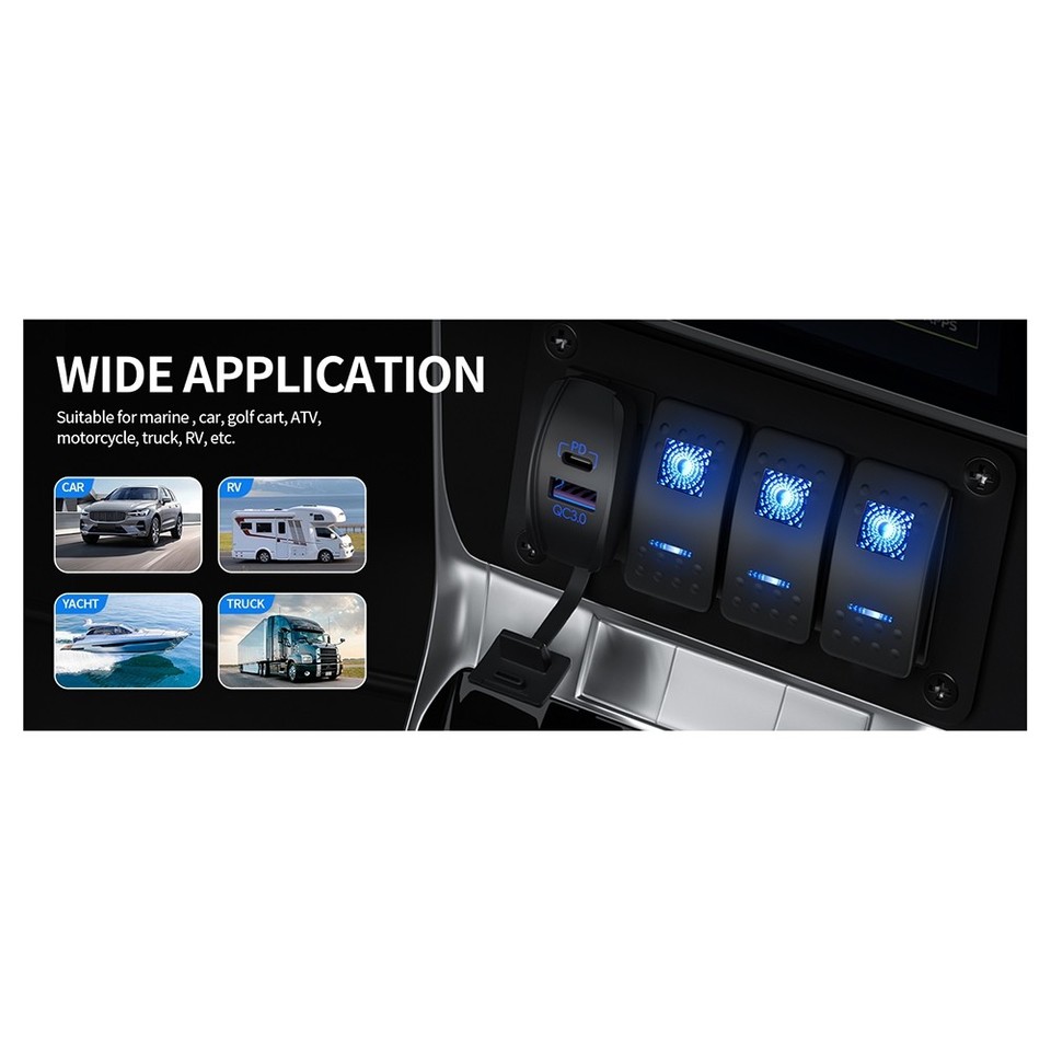 USB Rocker Switch 12V USB C & QC 3.0 Dual Ports Outlet PD Socket for ...