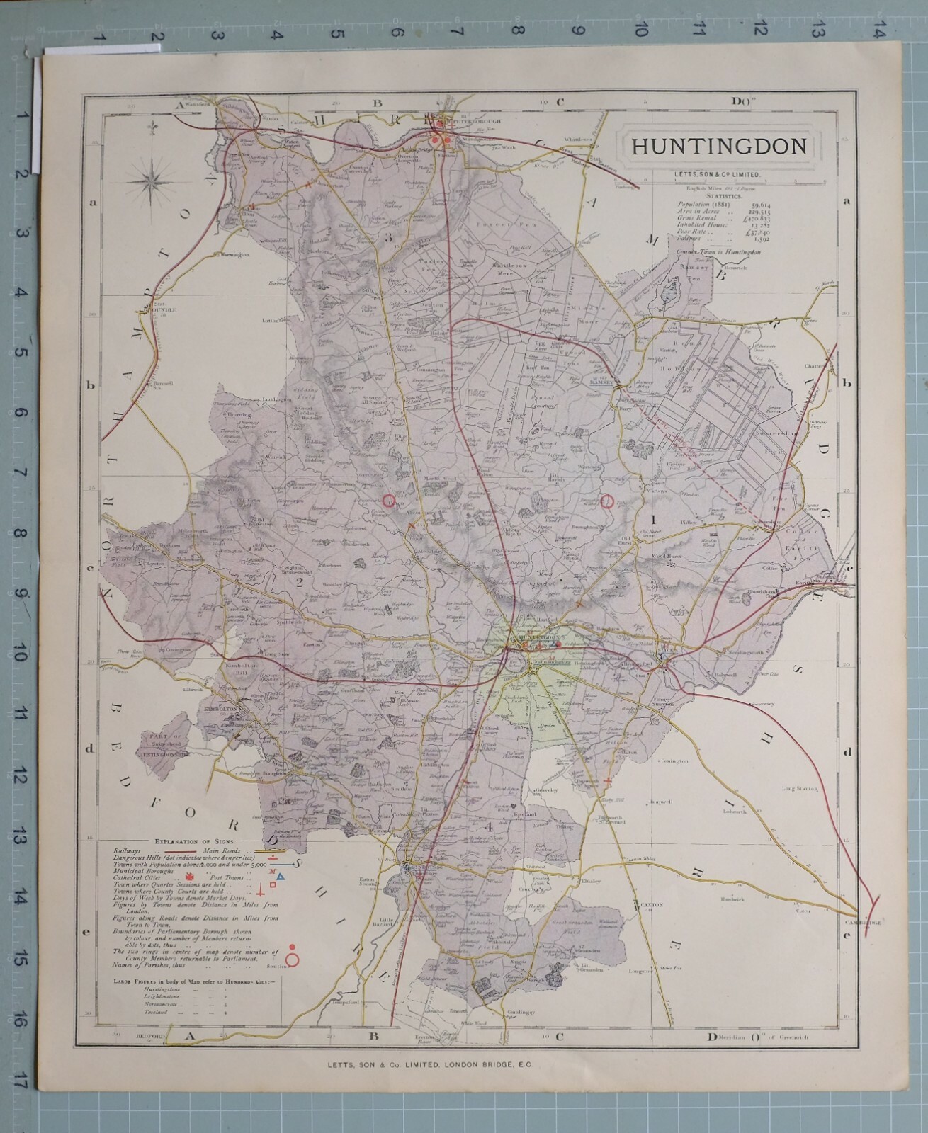 1884 COUNTY MAP HUNTINGDON RAILWAYS ROADS ST IVES ST NEOTS KIMBOLTON | eBay