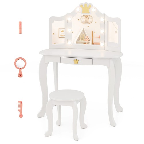 Kids Vanity Set Princess Vanity Table & Chair Set with Lighted Mirror ...