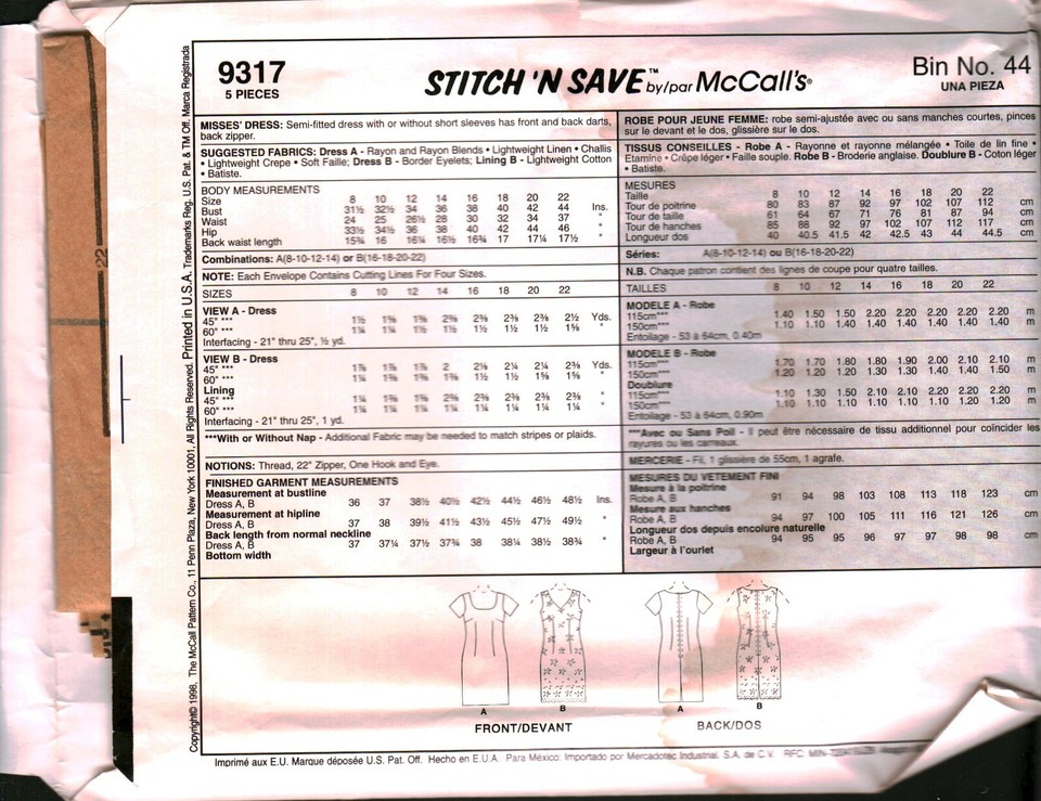 9317 Vintage McCalls SEWING Pattern Misses 1990s Semi Fitted Dress ...