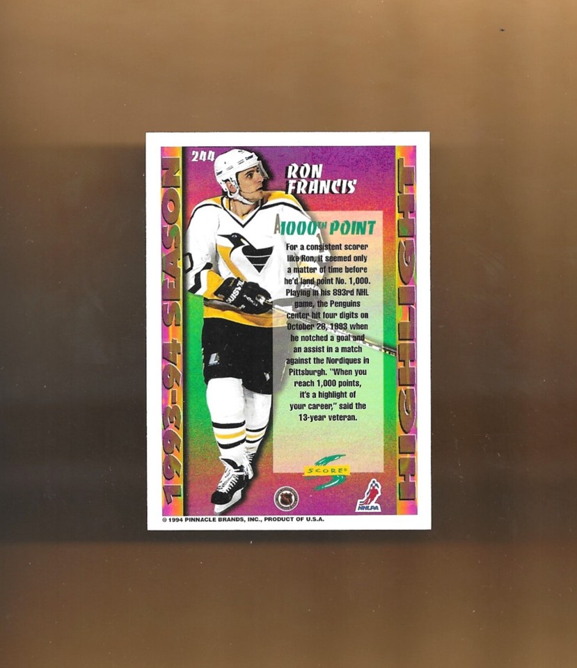 1994-95 Score 1000TH POINT Card # 244 RON FRANCIS PITTSBURGH PENGUINS ...