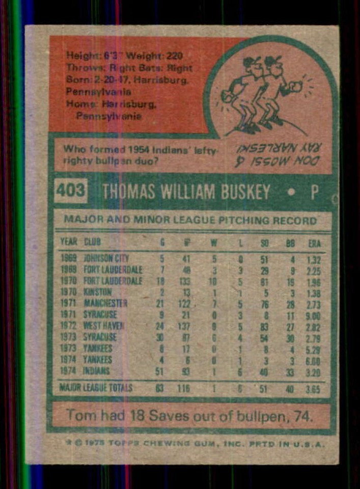 1975 Topps #403 Tom Buskey VG/VGEX RC Rookie Indians 219418 | eBay
