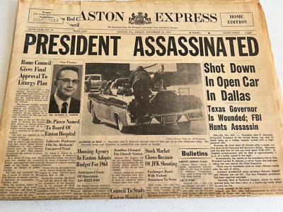 EASTON EXPRESS NEWSPAPER FRONT PAGE NOVEMBER 22, 1963 KENNEDY ...