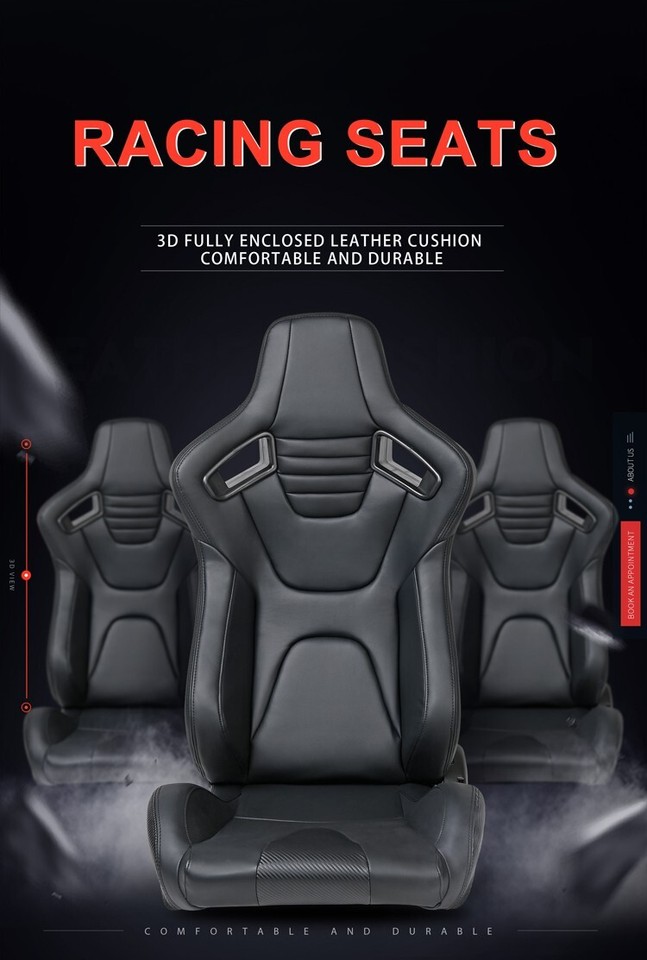 Pair Reclinable Universal Racing Bucket Seats with Sliders, Black PVC ...