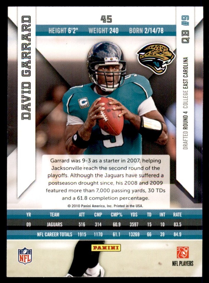 2010 Panini Epix Football Card David Garrard Jacksonville Jaguars #45 ...
