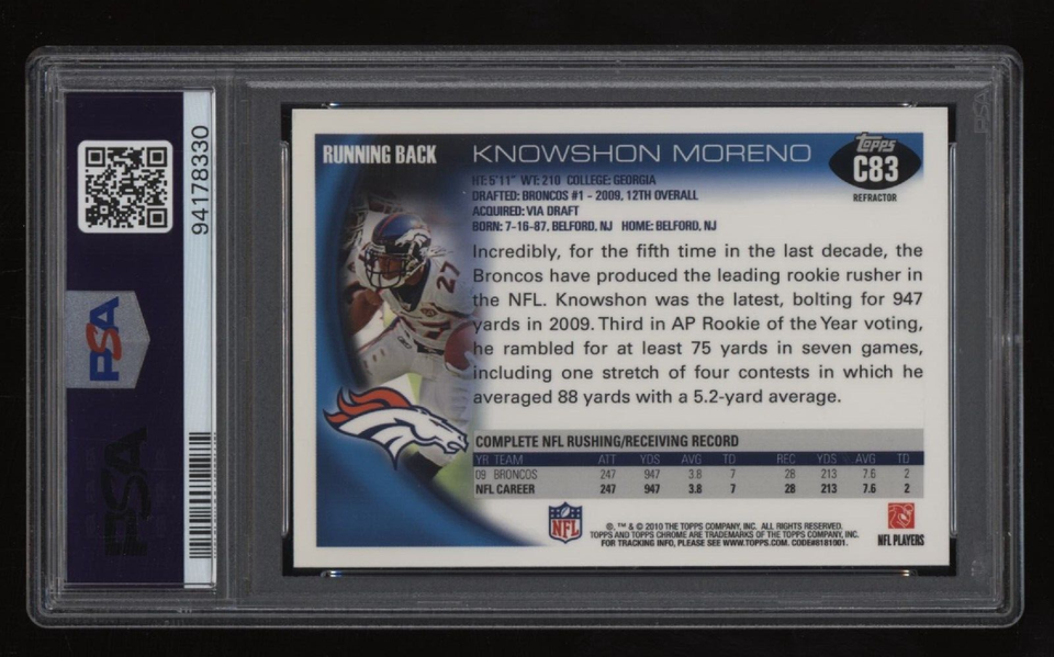 2010 Knowshon Moreno PSA 9 Topps Chrome Football Refractor #C83 POP1 No ...