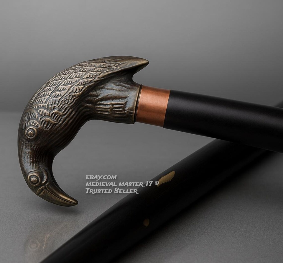 Handcrafted Raven Head Walking Cane Gothic Black Wood & Bronze | eBay