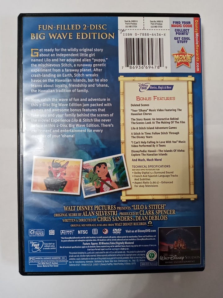 Lilo and Stitch (DVD, 2002 Disney) 2-Disc Big Wave Edition 786936694789 ...