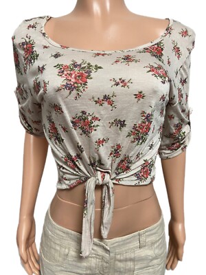 Y2K Beige Floral crop Cropped Rayon Tie front Fairycore Top M ...