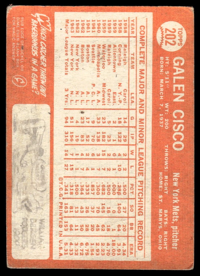 1964 Topps Galen Cisco #202 New York Mets Baseball Card | eBay