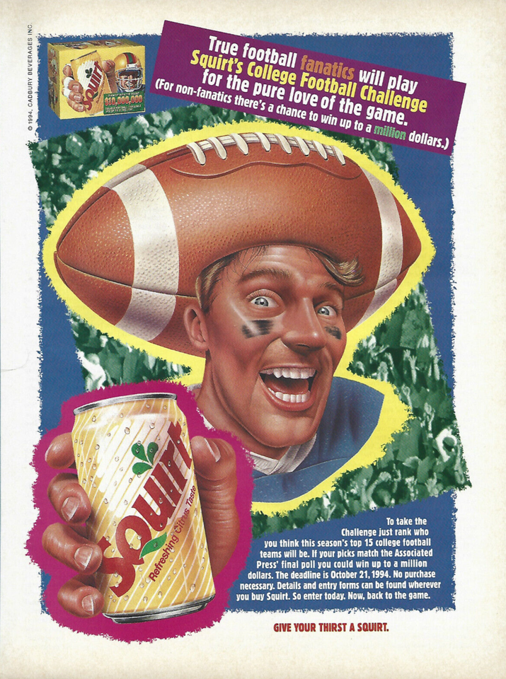 Squirt Soda Print Ad with Man wearing Football as Hat, Squirt Soda ...