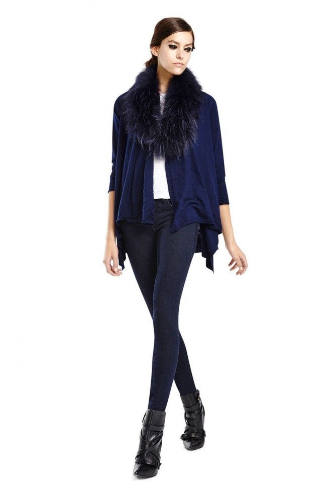 Alice + Olivia Izzy Cascade Black Fur Collar Cardigan Blue Size S NWOT ...