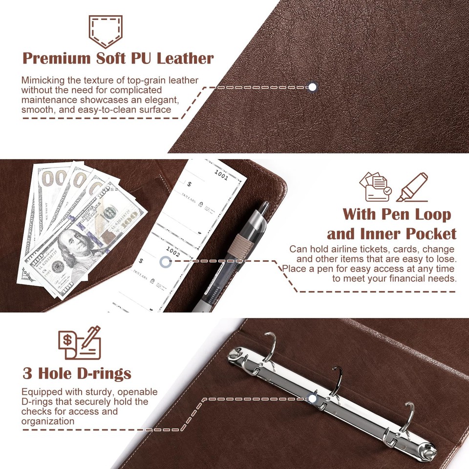 Pu Leather 3 Rings Check Binder for End-Stub Deskbook Checks3 Ring ...
