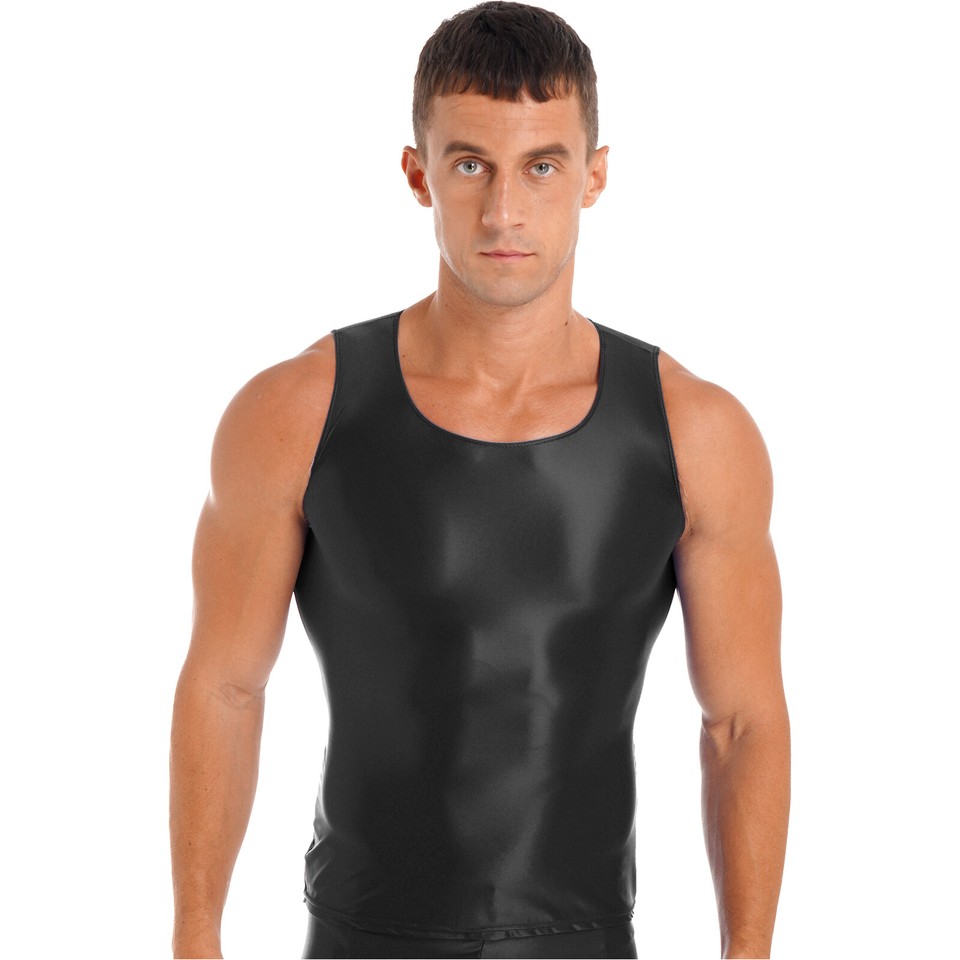 Men Shiny Metallic Sleeveless Muscle Tank Top Faux Leather Vest Tops ...