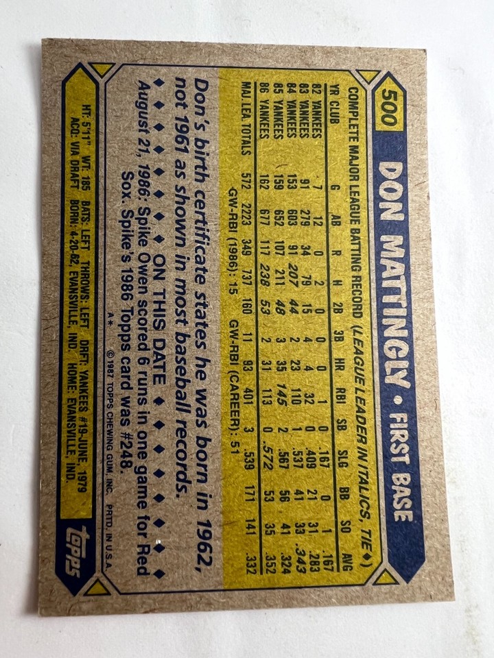 1987 Topps #500 Don Mattingly New York Yankees (Donnie Baseball) | eBay