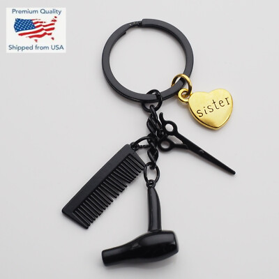 Barber Comb Scissors Hair Stylist Black Gold Charms Keyring Keychain ...