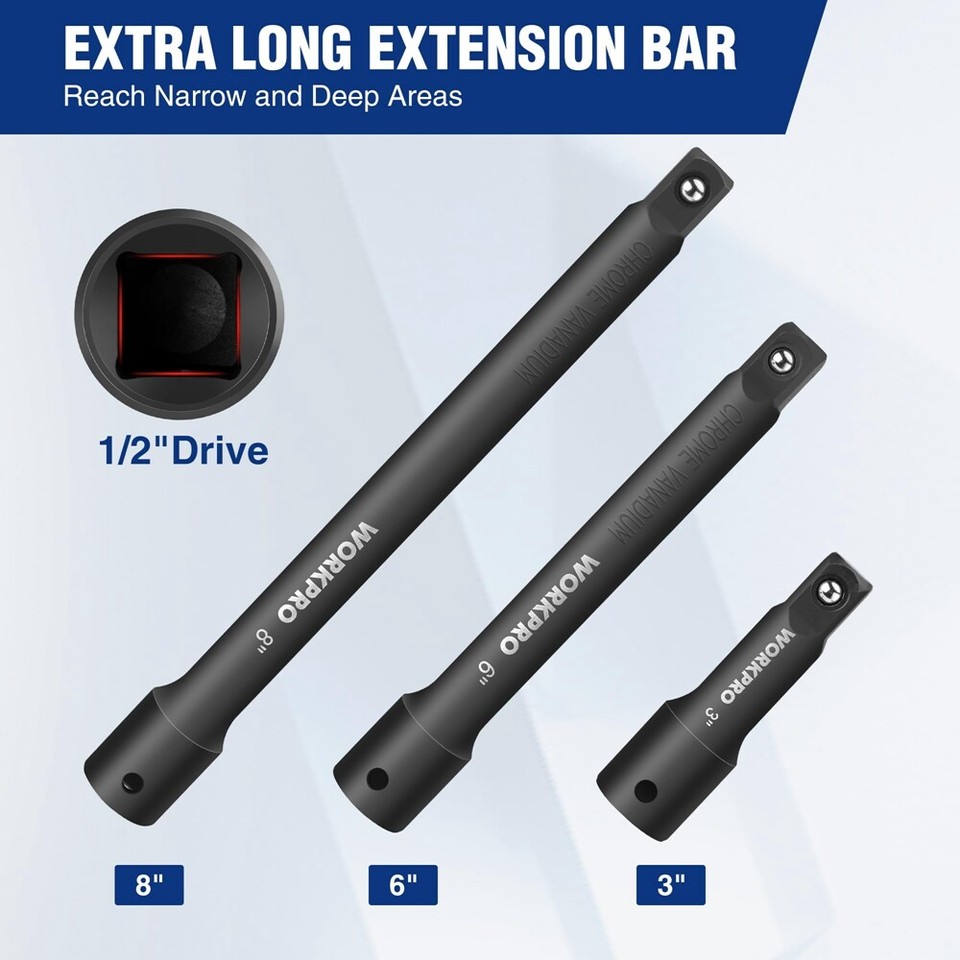 1/2inch Drive Impact Extension Bar Set 3PC 3” 6” 8” Socket Extensions w ...