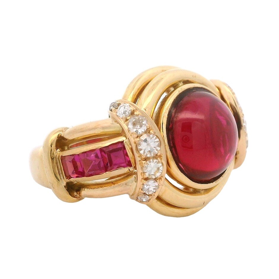 Vintage Retro 18k Gold Concentric Synthetic Ruby w Diamond Accents ...