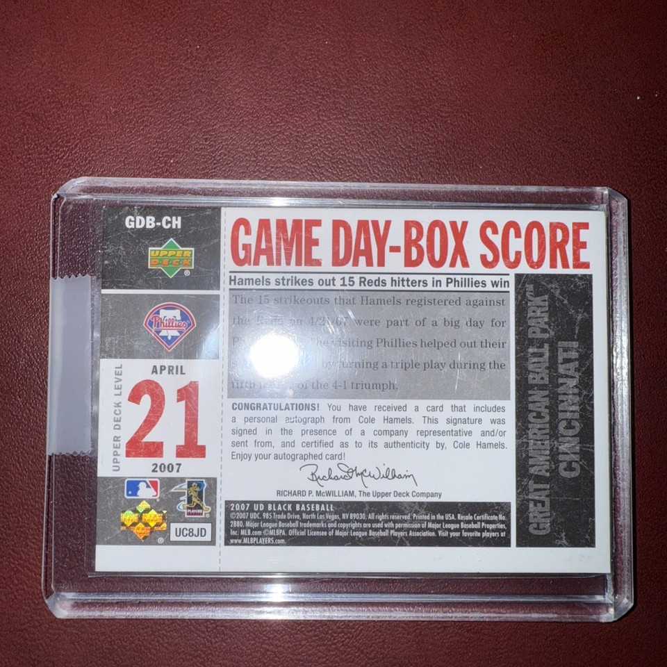 2007 UPPER DECK BLACK GAME DAY-BOX SCORE COLE HAMELS AUTOGRAPHED CARD ...