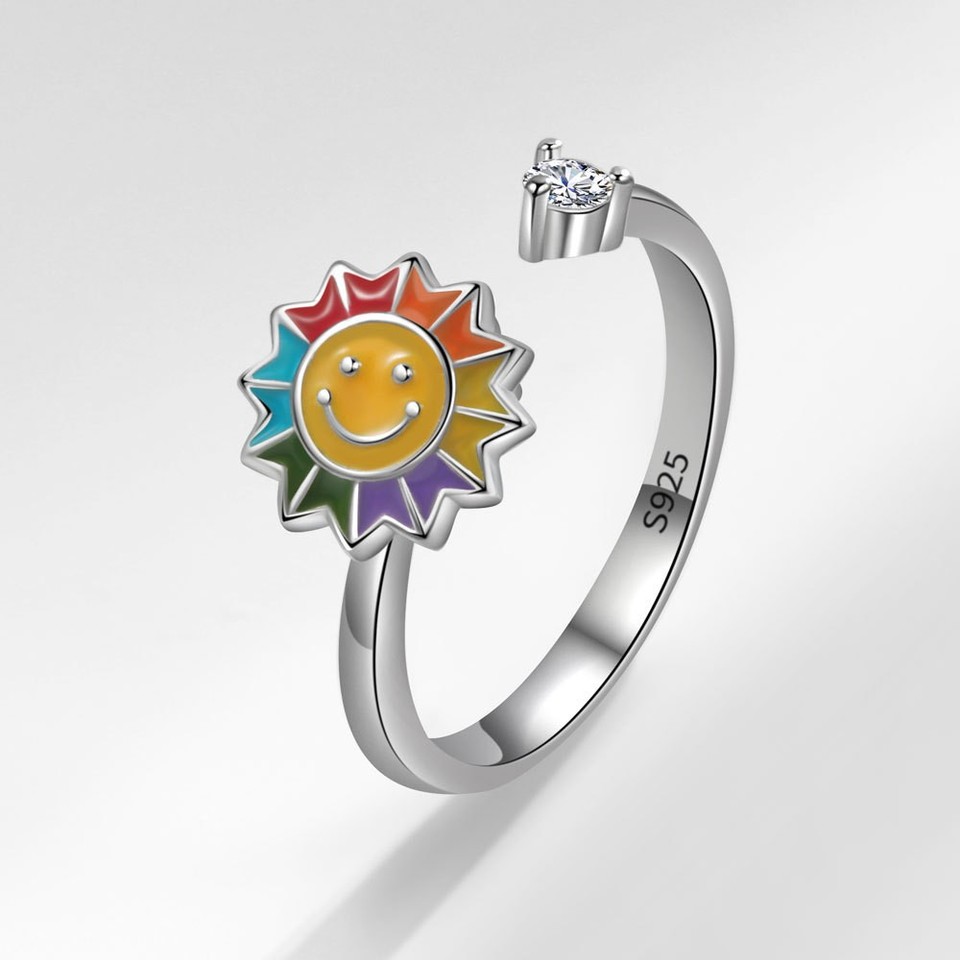 Sunflower Smiley Face Rotating Ring – Adjustable Cute Mood Spinner Gift ...