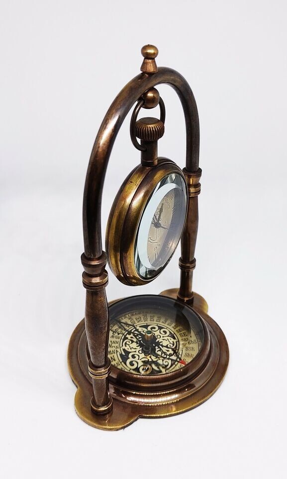Nautical Antique Brass Victorian Table Clock with Compass on Base Home ...