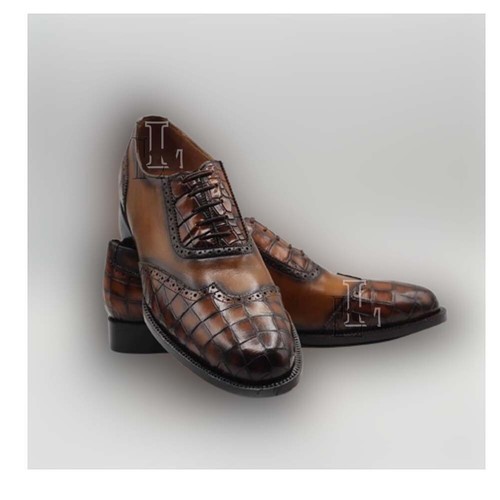 Handmade Men's Brown Alligator Texture Genuine Leather Lace Up Shoes ...