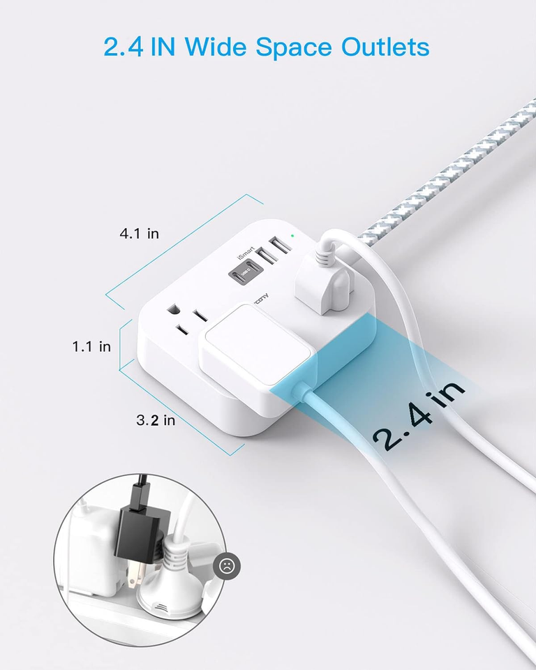 Power Strip Plug Extension Cord 3 Outlets, 4 USB Ports(2Usb C), 5 Ft ...