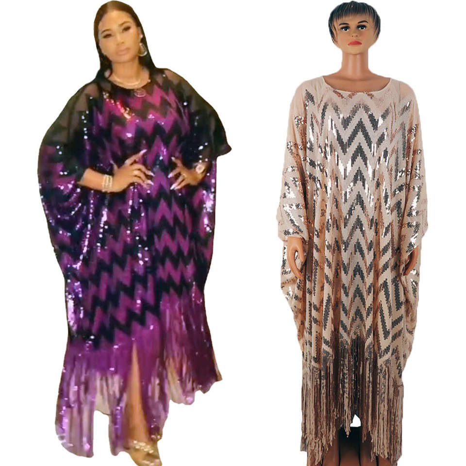 African Women Sequin Batwing Sleeve Maxi Dress Party Cocktail Evening ...