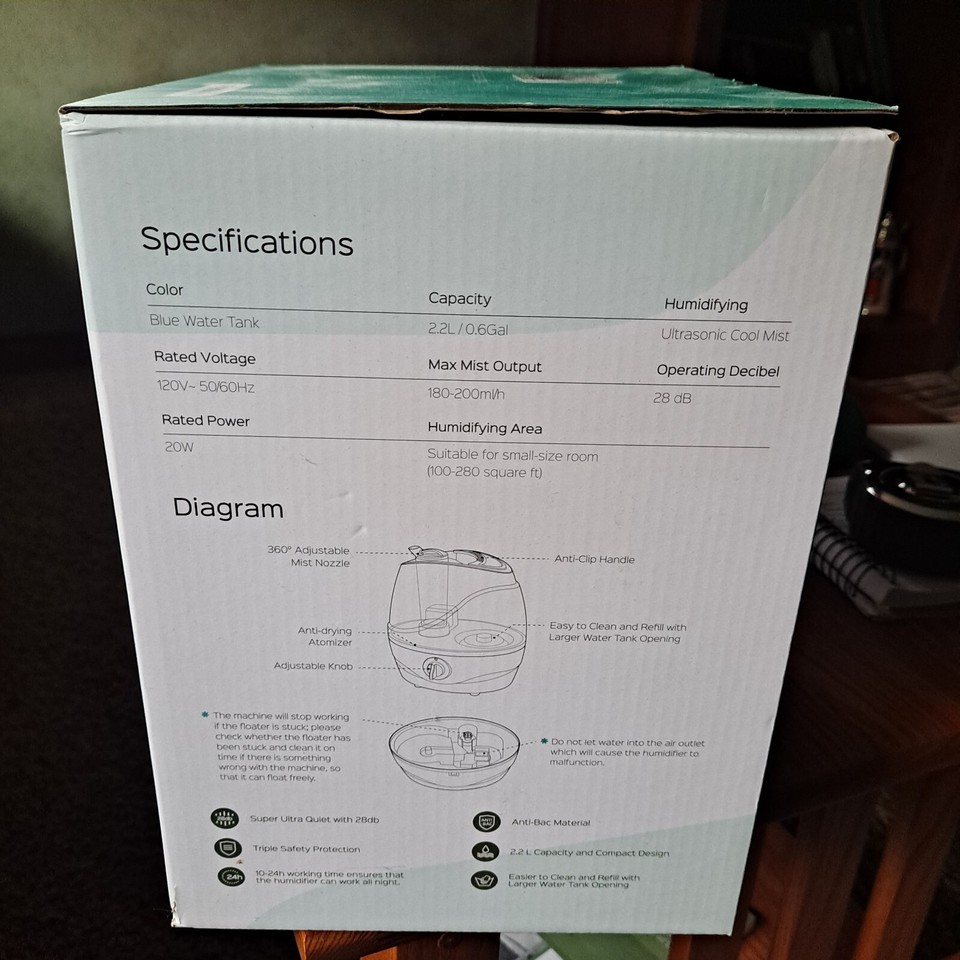 Homasy HM161B 2.2L Cool Mist Humidifiers - Blue 692618553513 | eBay