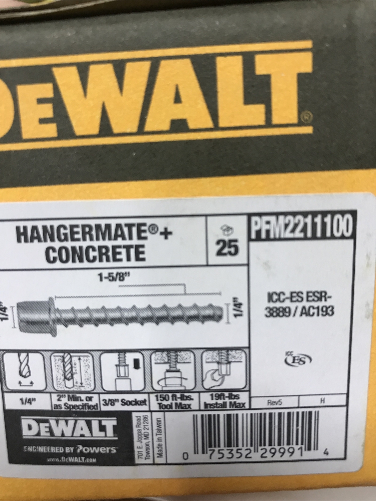 Dewalt Hangermate Concrete PFM2211100 25 pk 1/4 x 1-5/8" - 1/4" - New ...
