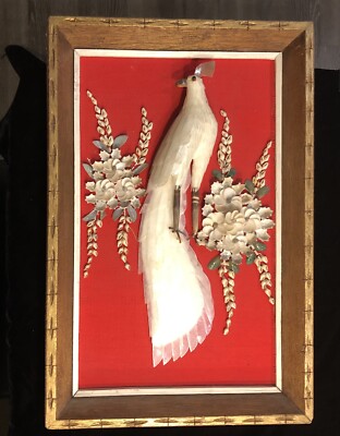 Vintage Hand Made White Peacock Shell Art Framed Oriental 3D 20.5x13.5 ...