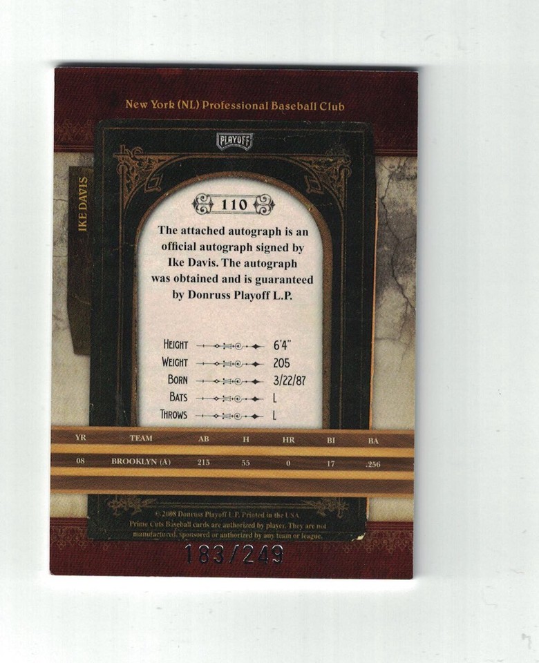 2008 Playoff Prime Cuts Ike Davis #110 Autograph Rookie Card #183/249 ...