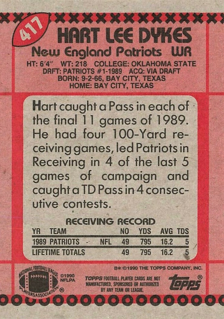 1990 Topps Football Disclaimer Back #417 Hart Lee Dykes | eBay