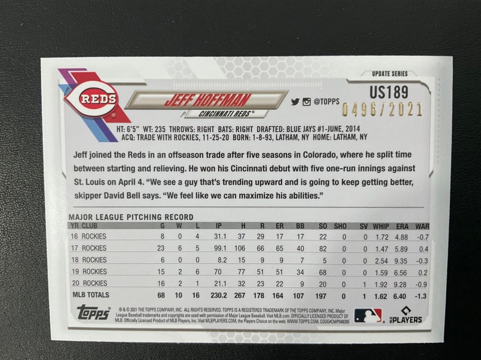 Jeff Hoffman 2021 Topps Update Series Gold Border Parallel Serial #0496 ...