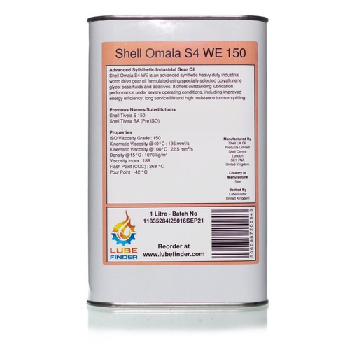 1L Shell Omala S4 WE 150 (Tivela S 150/SA) ISO VG 150 Synthetic Worm ...