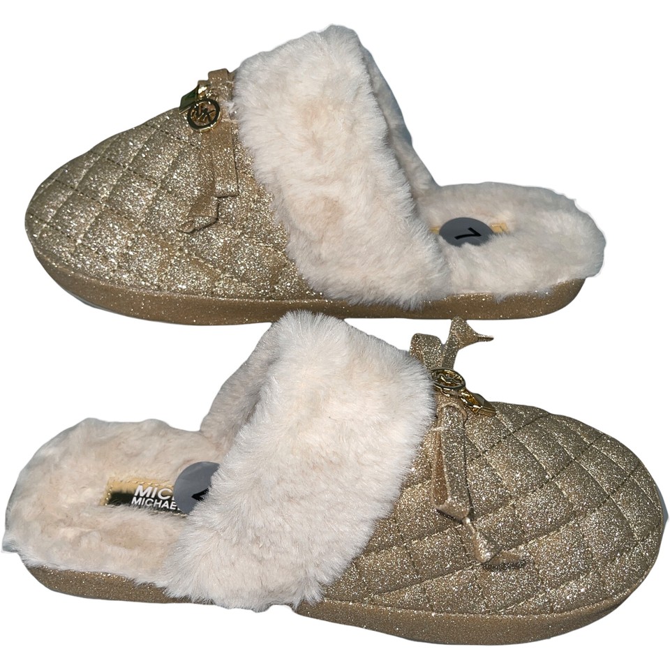 Michael Kors Slippers MK Carter Glitter Sparkle Faux Fur Women's Slip ...