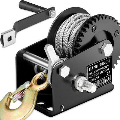 800lbs Hand Winch Hand Crank Steel Cable Strap Gear Winch W/26 feet ...