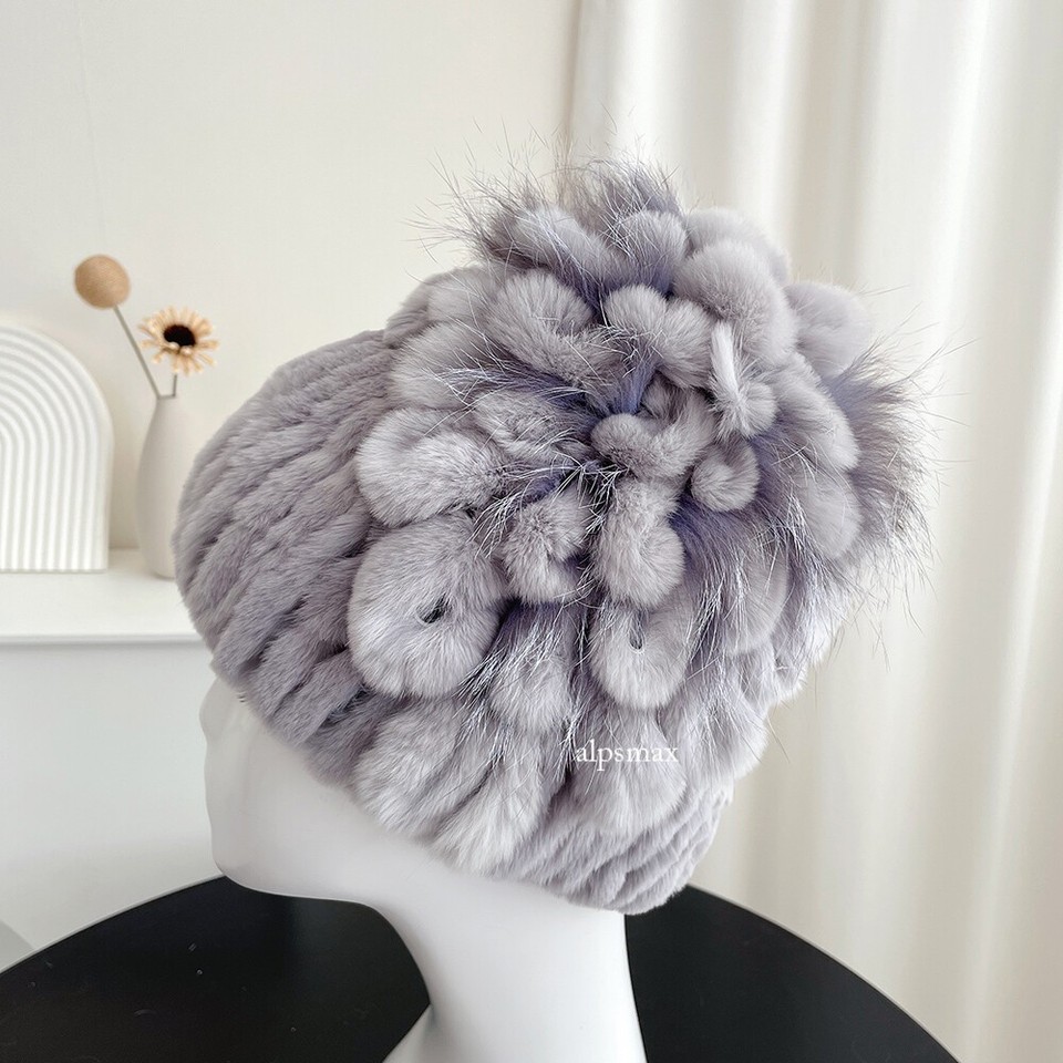 Women's Real Rex Rabbit Fur Hat Warm Knitted Stretch Beanie Winter ...