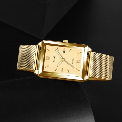 DIJANES Mens Luxury Gold Square Watch Stainless Steel Date Quartz Wrist ...