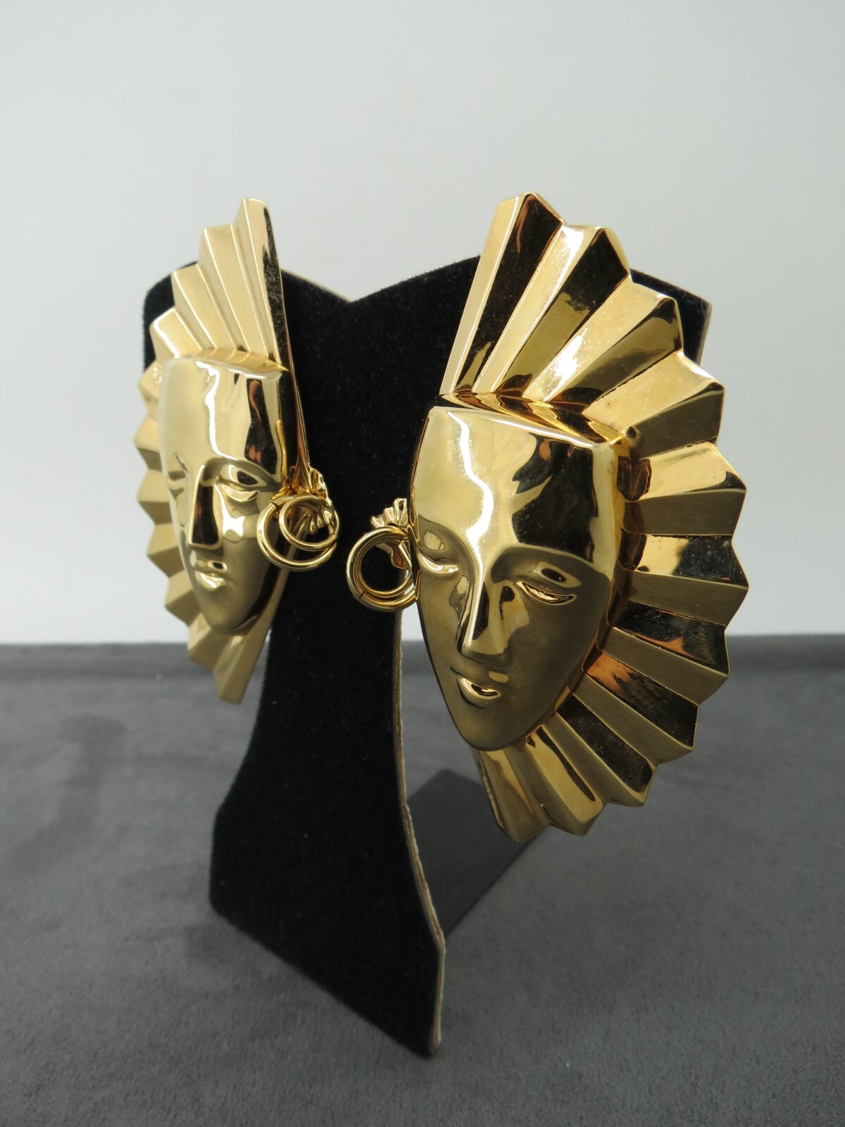 Hugh Kirks Folly Lady Face Mask Earrings Clip On Gold Tone 3" High Fan ...