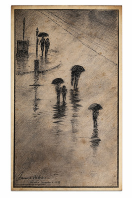 Levon West Original 1913 Signed Pencil Drawing – Rainy Street Scene ...