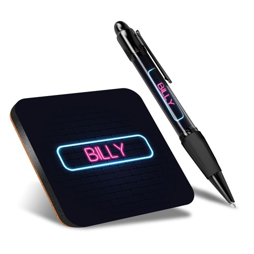 1 x Square Coaster & 1 Pen Neon Sign Design Billy Name #351672 | eBay UK