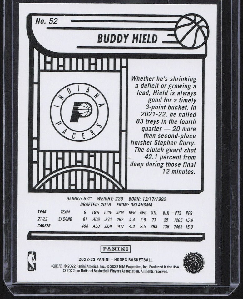 2022-23 Panini NBA Hoops Basketball #52 Buddy Hield - Indiana Pacers ...