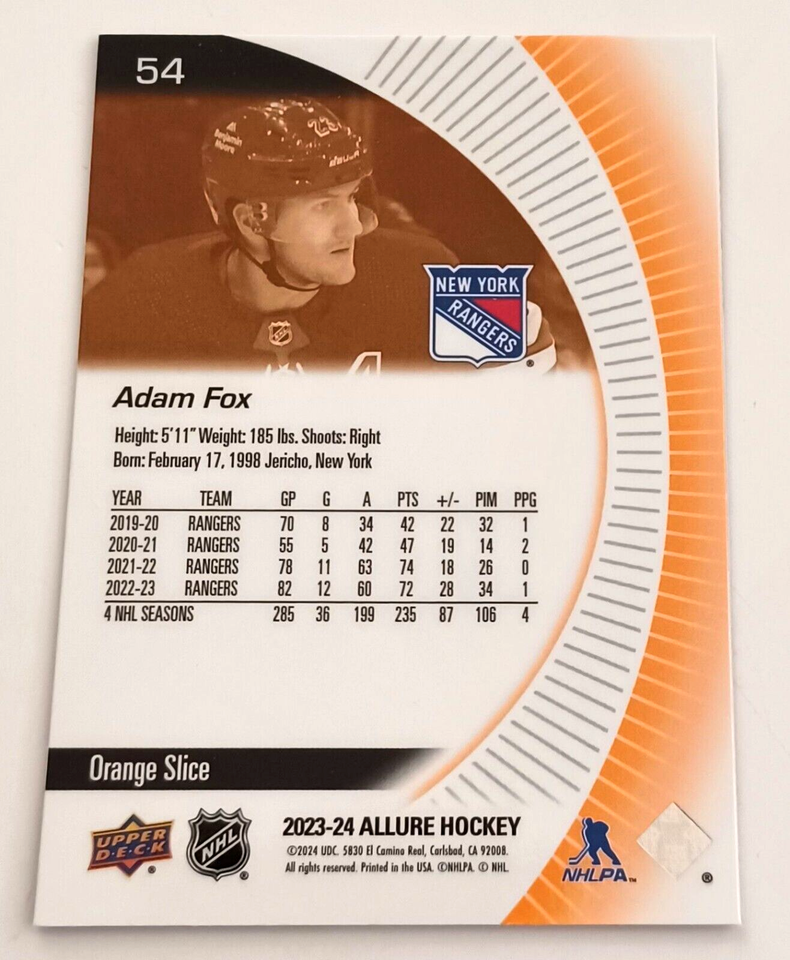 2023-24 ADAM FOX Orange Slice #54 New York Rangers UD Allure Hockey ...
