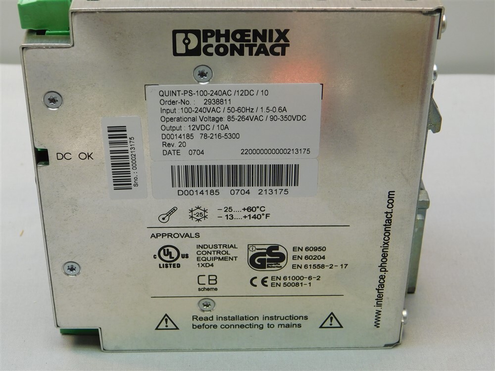 Phoenix Contact QUINT-PS-100-240AC/12DC/10 12VDC 10A DIN Rail Power ...